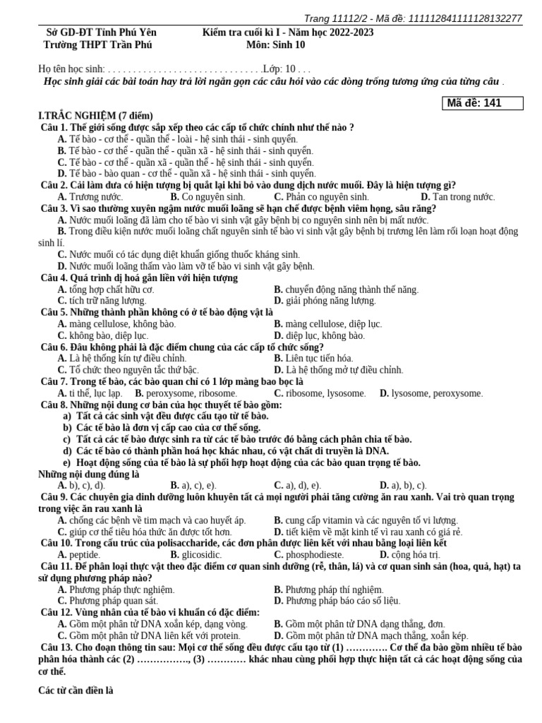 De Kiem Tra Cuoi hk1 Sinh 10 Nam Hoc 2022-2023 8d56b | PDF