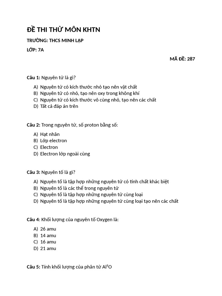 Thi thử môn KHTN lớp 7A - THCS Minh Lập | PDF