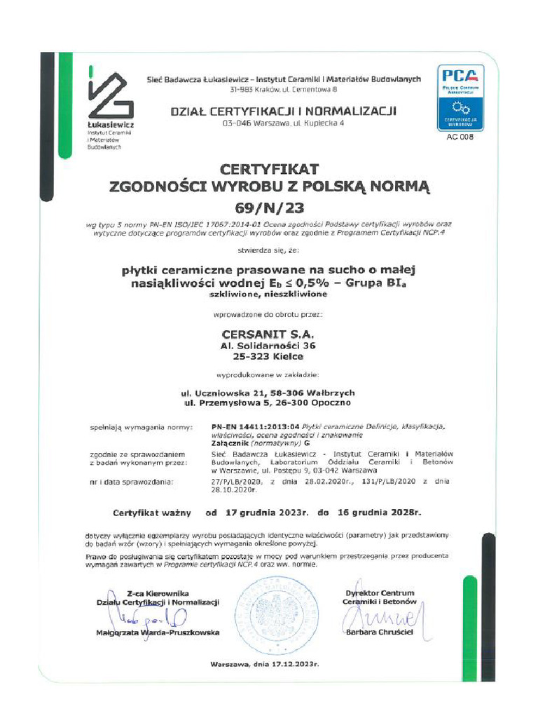 CERTYFIKAT ZGODNOŚCI Z NORMĄ GRES BIa (3) | PDF