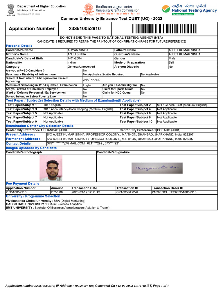 CUET UG 2023 Application Details | PDF
