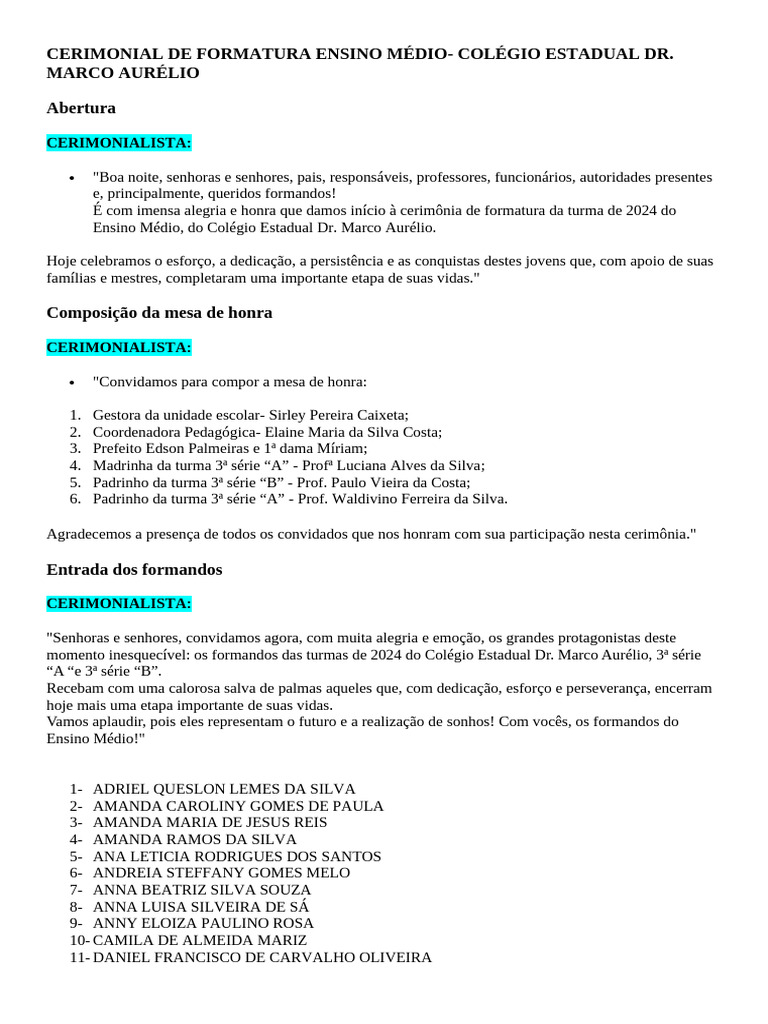 Cerimonial de Formatura Ensino Médio | PDF