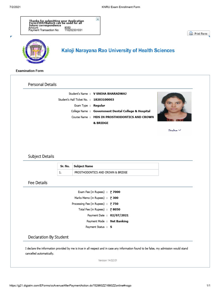 KNRU Exam Enrollment Form | PDF