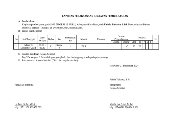 Laporan Pembelajaran Bahasa Indonesia SMA 13 Buru | PDF