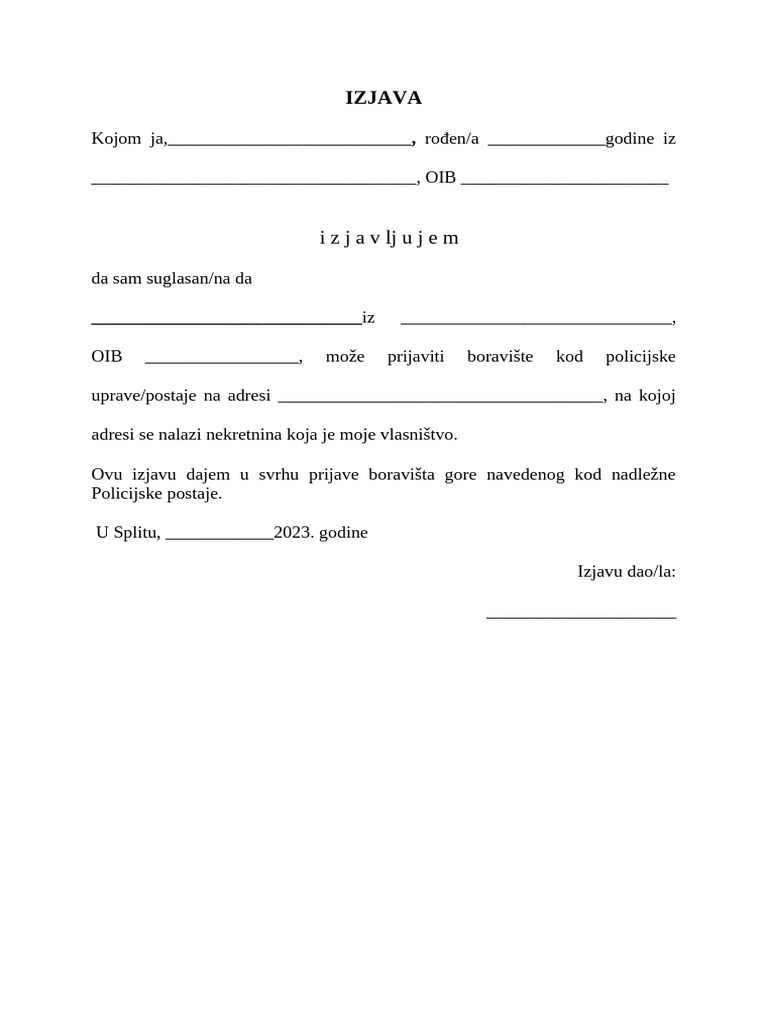 Izjava Za Prijavu Boravišta | PDF