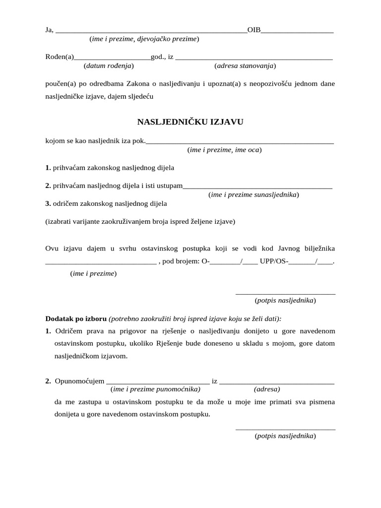 Nasljednička Izjava | PDF