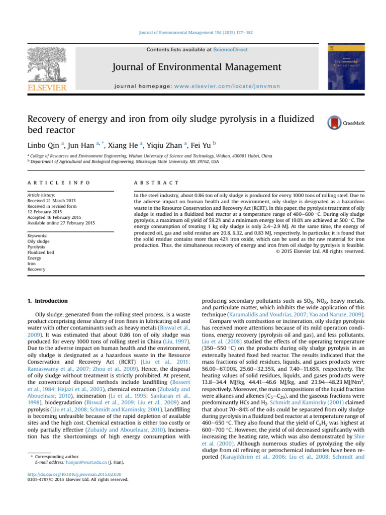 Recovery of energy and iron from oily sludge pyrolysis in a fluidized ...