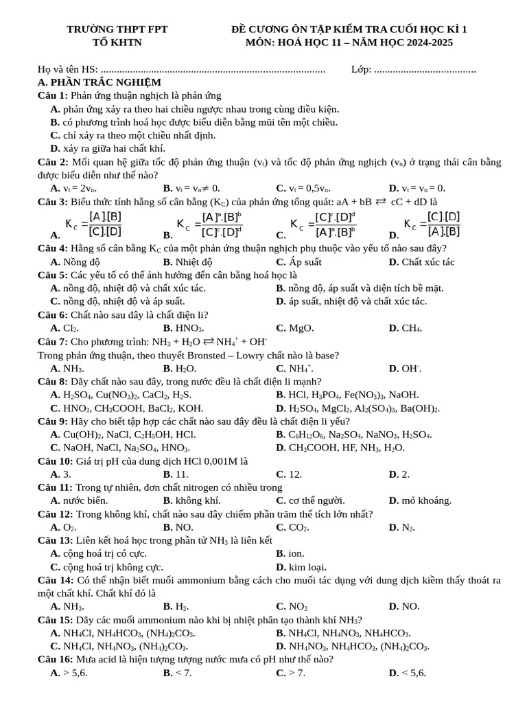 Đề cương CK1 11 HÓA HỌC (24-25) | PDF