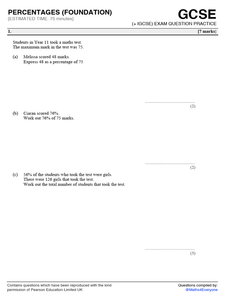 GCSE Percentage Exam Practice Questions | PDF | Student Assessment And ...