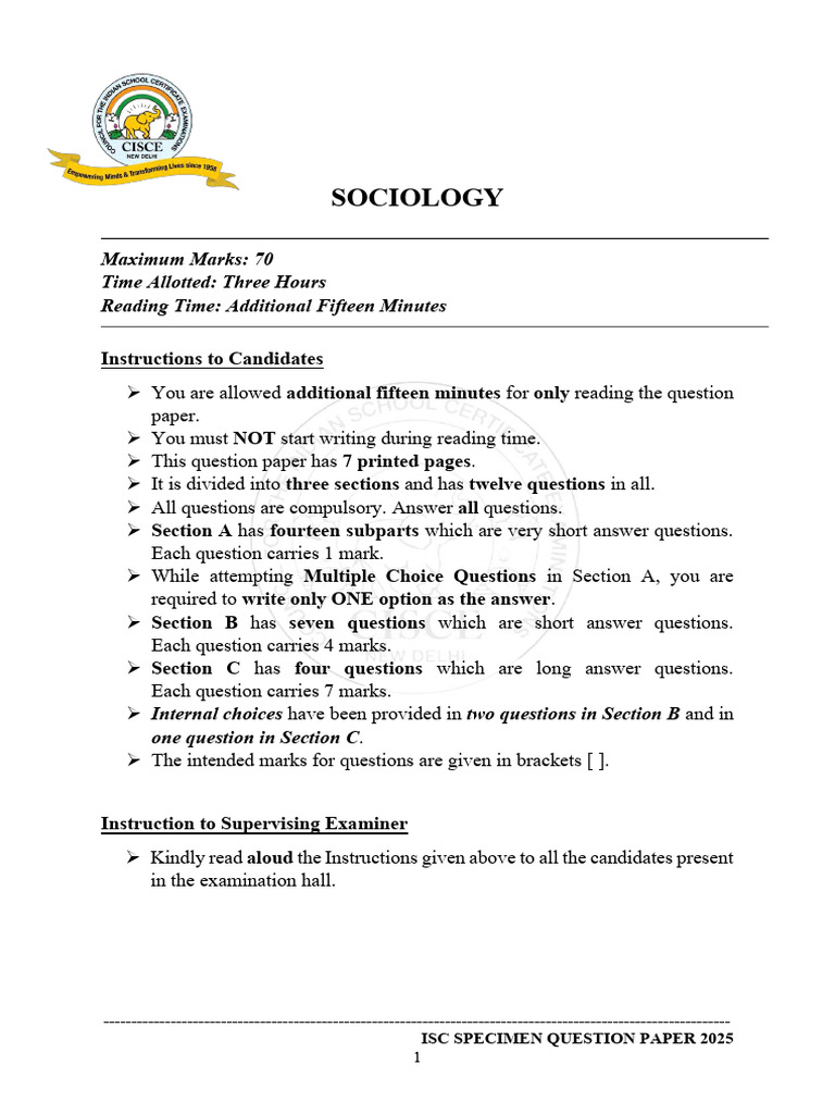 ISC Sociology Exam 2025 | PDF | Family | Caste