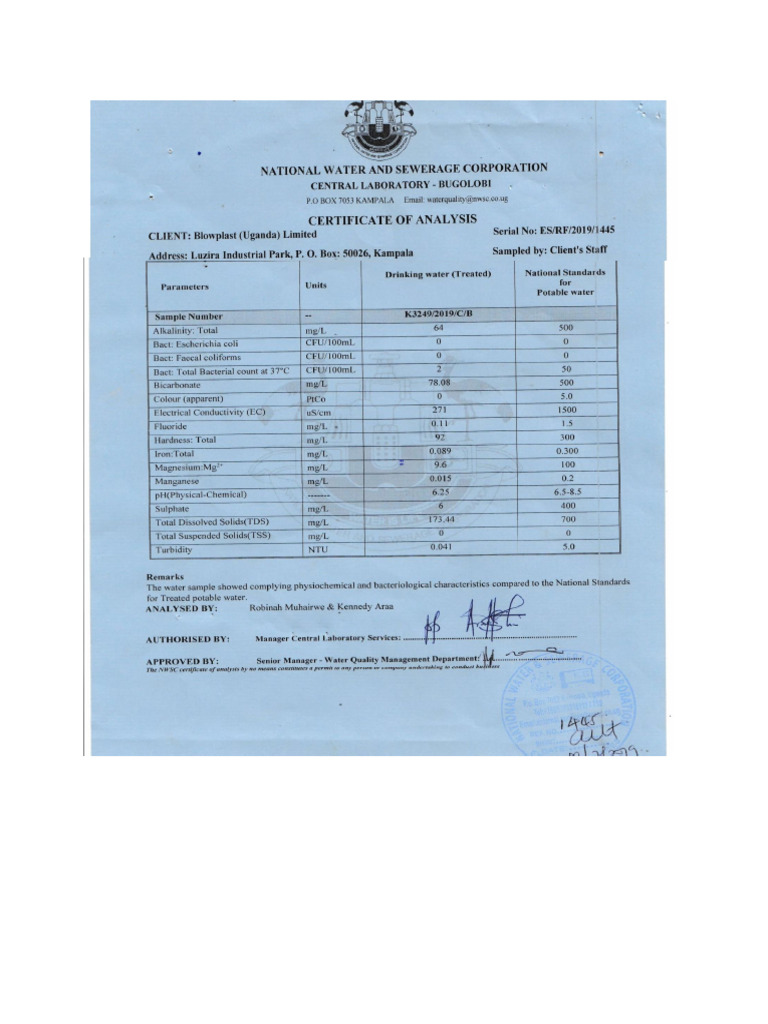 Drinking Water Certificate | PDF