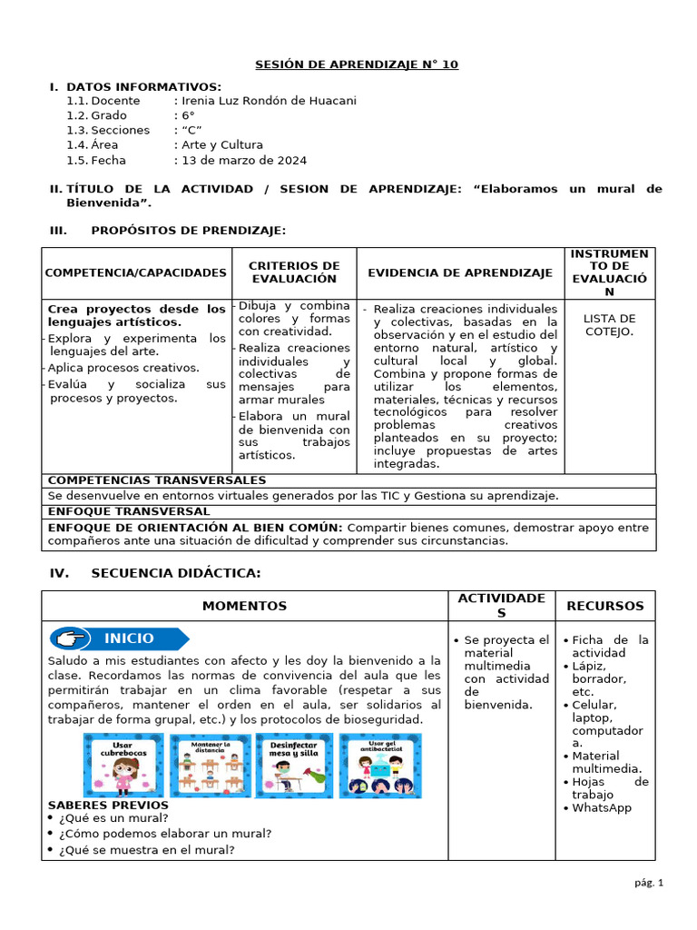 6to. C - Arte - Sesión de Aprendizaje N. 09 | PDF | Aprendizaje | Modificación de comportamiento