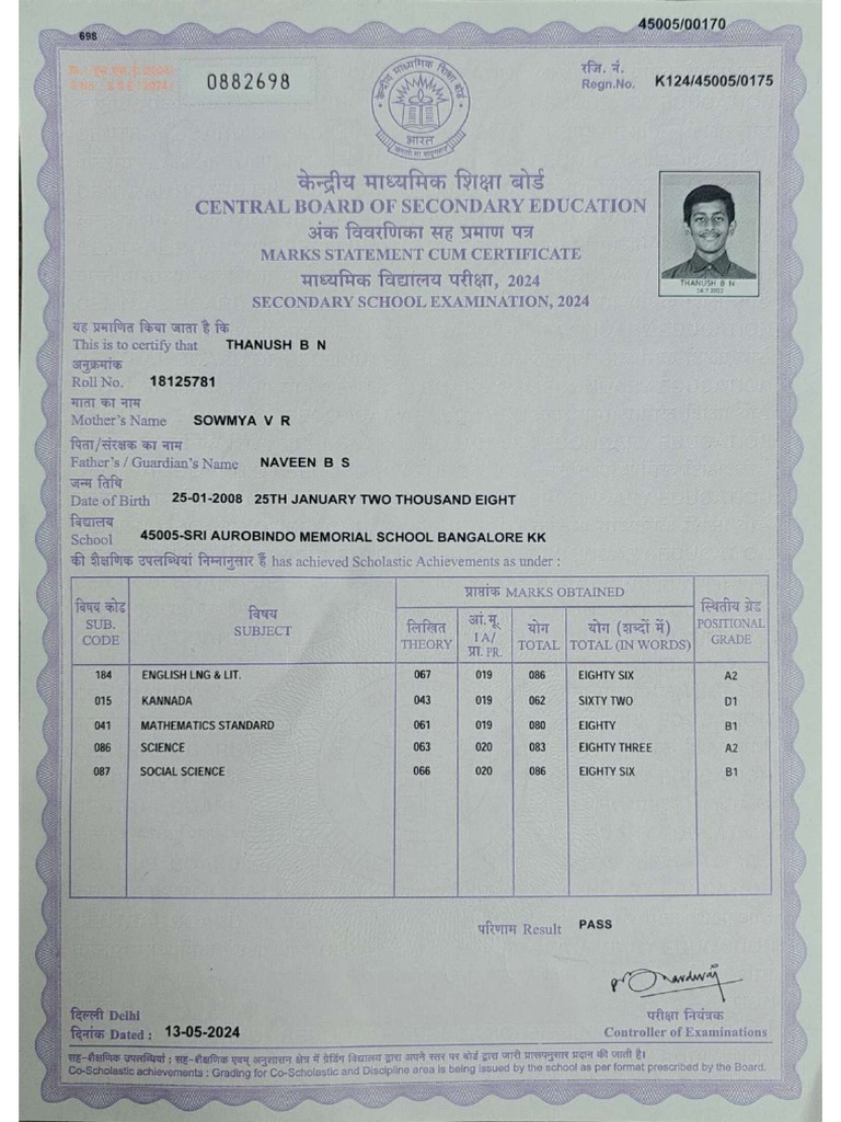 10th Marks Sheet Thanush - Compressed | PDF