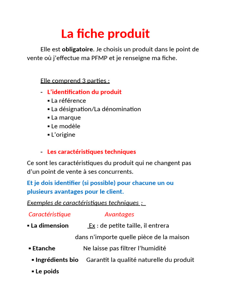 Fiche Produit : Identification et Caractéristiques | PDF