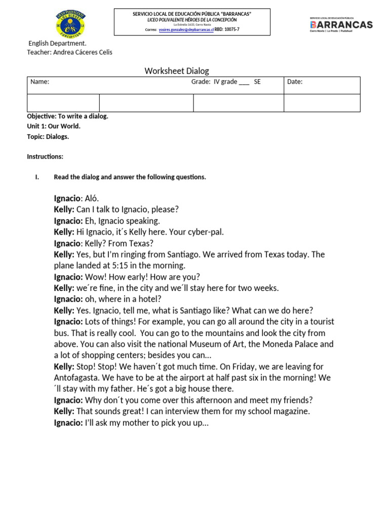 IV Grade Dialog Writing Worksheet | PDF