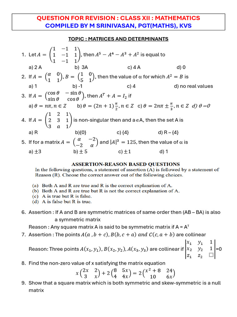 Revision Questions - Matrices and Determinantsxii Maths | PDF | Matrix ...