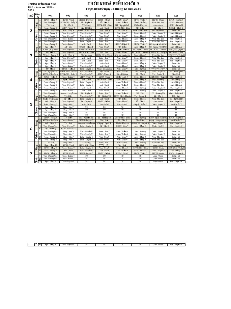 TKB K9 Tuần 16 (Từ 16-12-2024) | PDF
