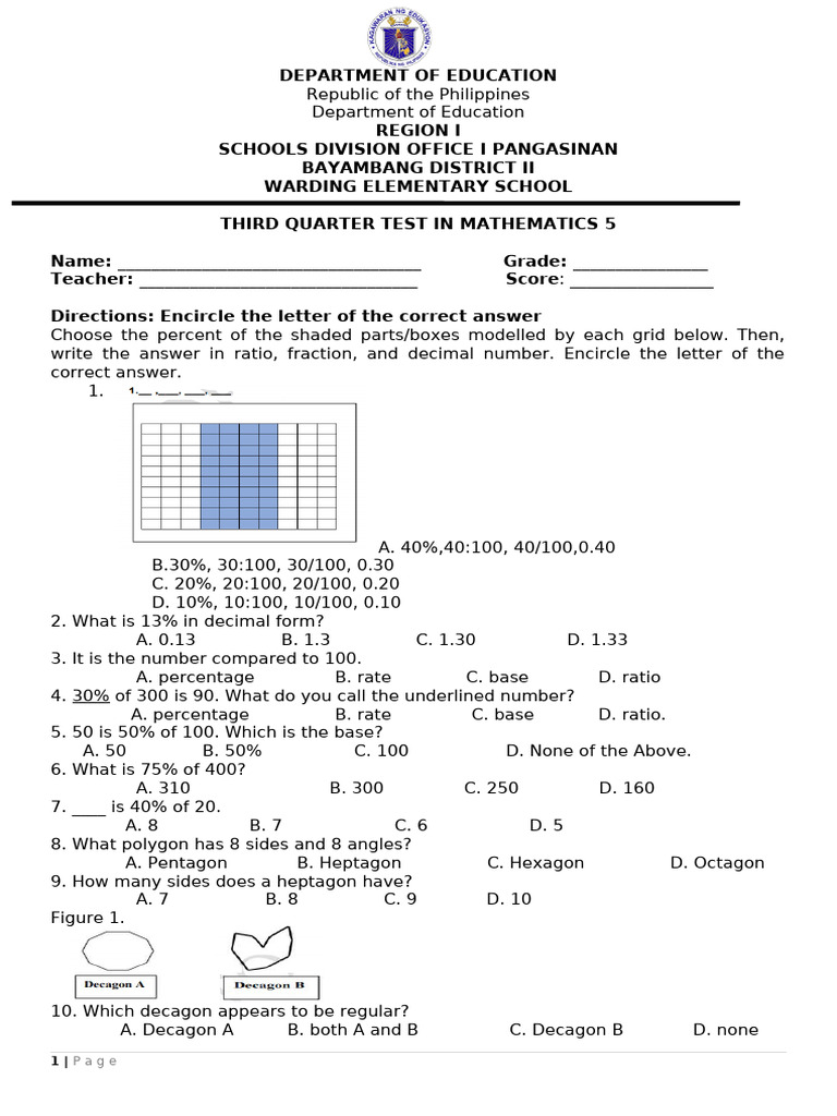 Math 5 Third Quarter Test Guide | PDF | Euclidean Geometry | Elementary ...