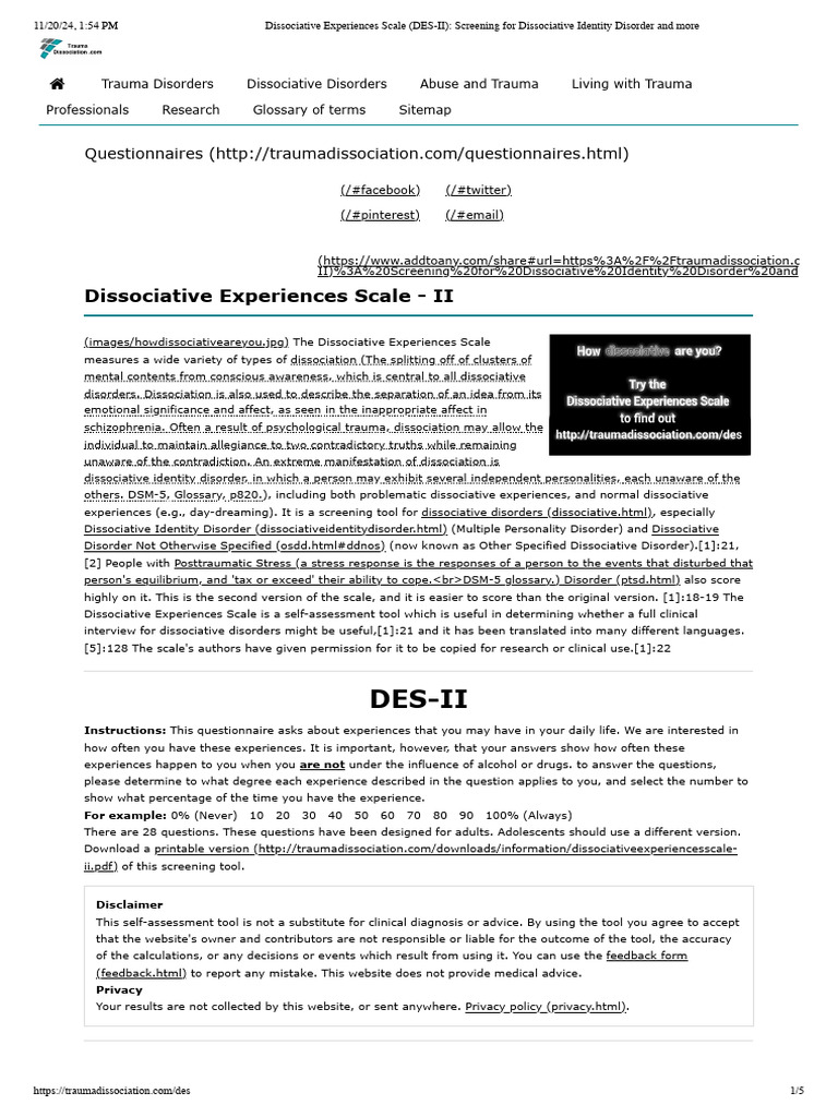 Dissociative Experiences Scale (DES-II) - Screening For Dissociative ...