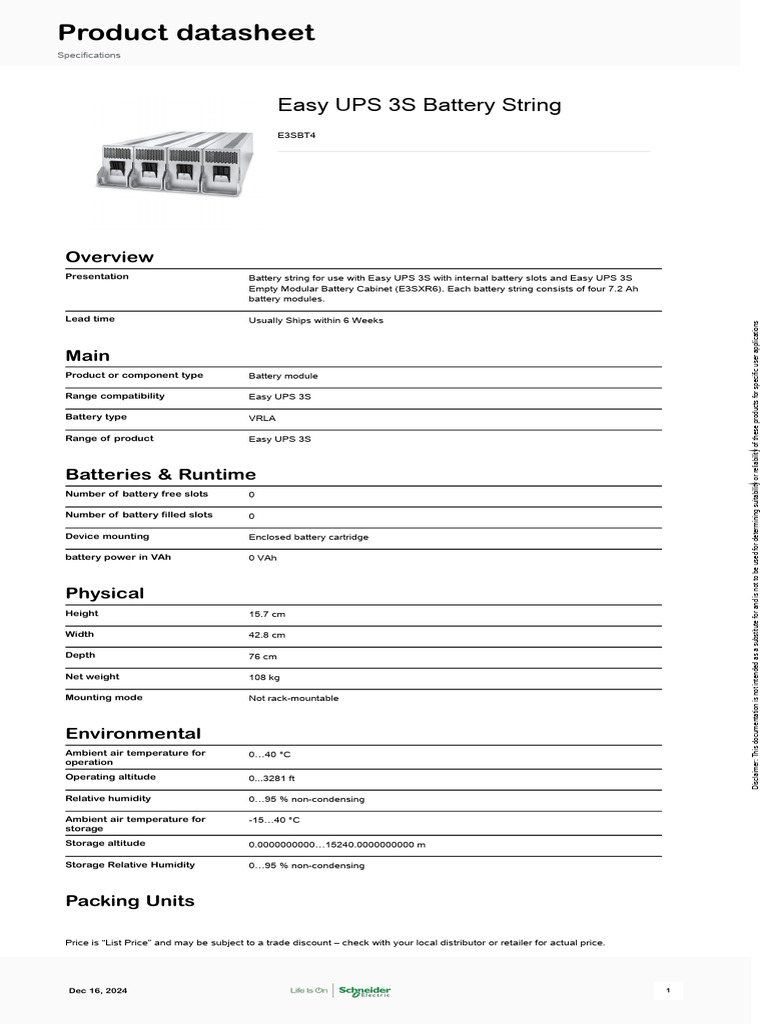 Schneider Electric - Easy-UPS-3Series-Accessories - E3SBT4 | PDF ...