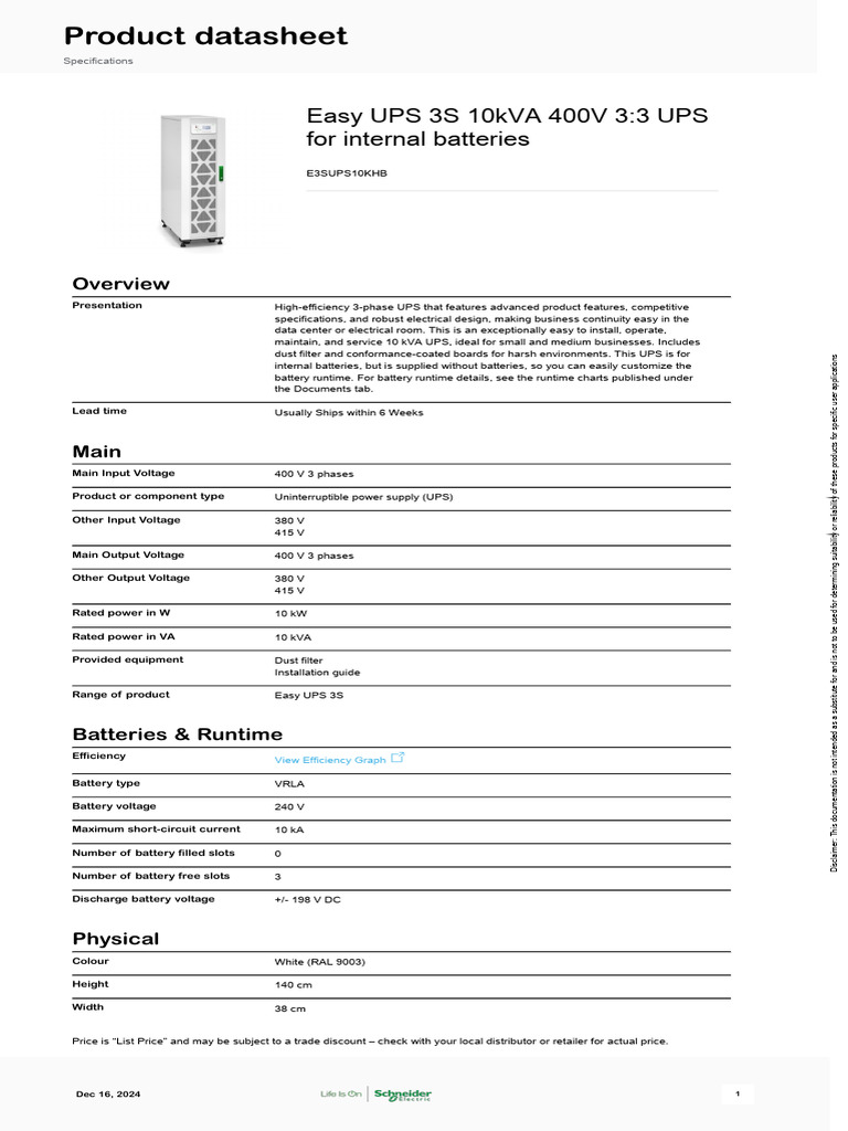 Schneider Electric - Easy-UPS-3S - E3SUPS10KHB | PDF | Mains ...