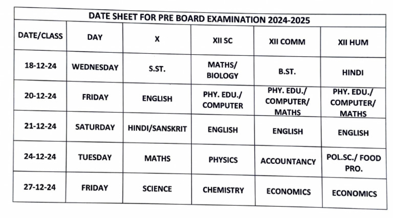 Pre Board Date Sheet | PDF