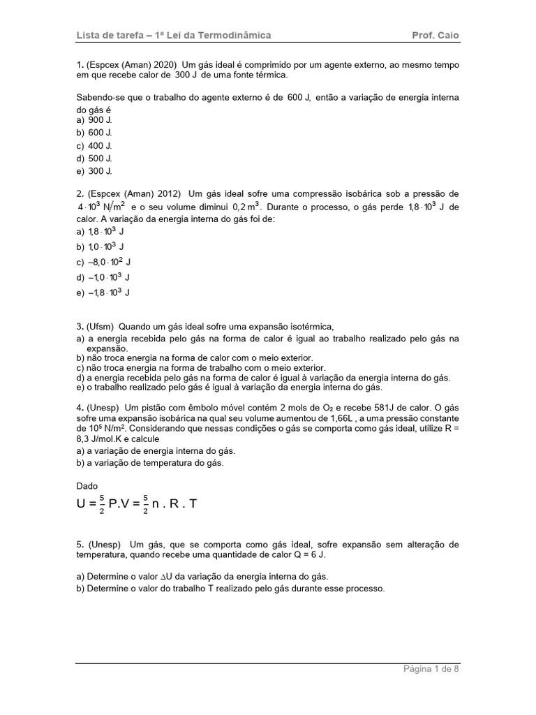 Tarefa 1 Lei Da Termodinamica 2021 | PDF | Termodinâmica | Gases