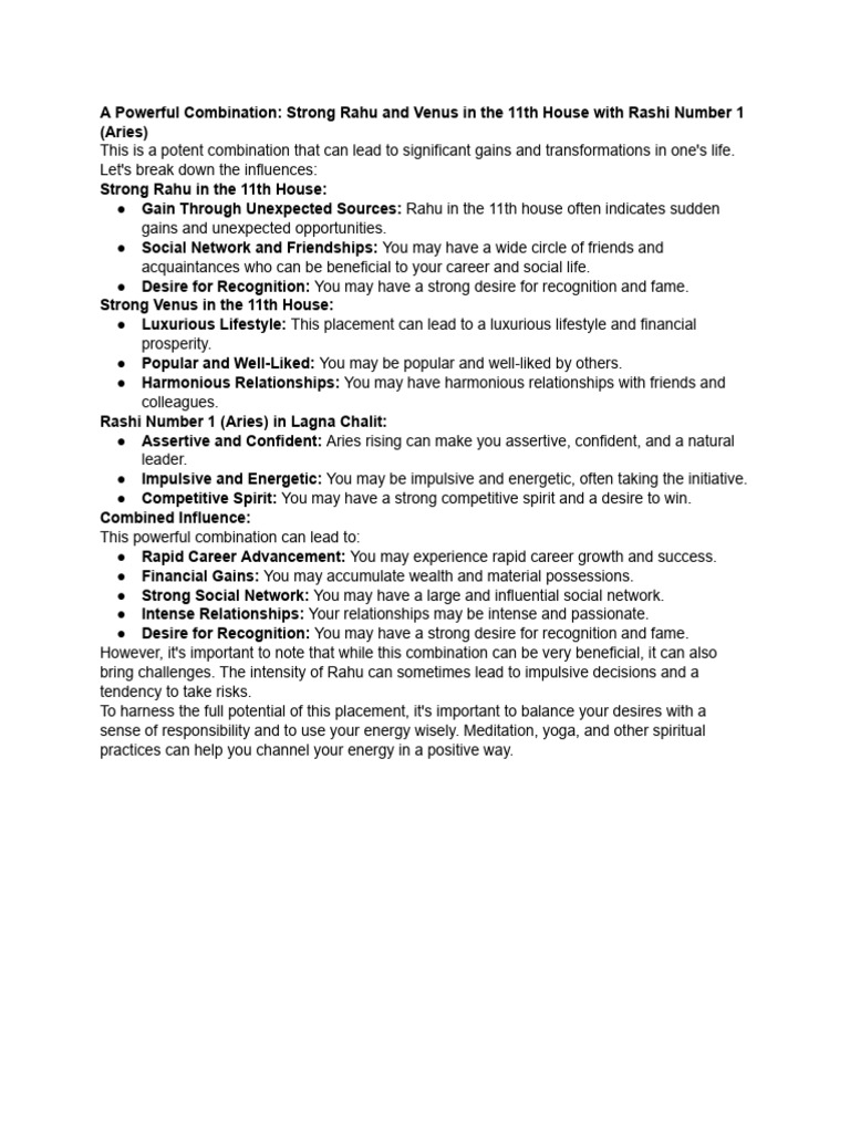 Strong Rahu and Strong Venus in 11th House With Ra... | PDF