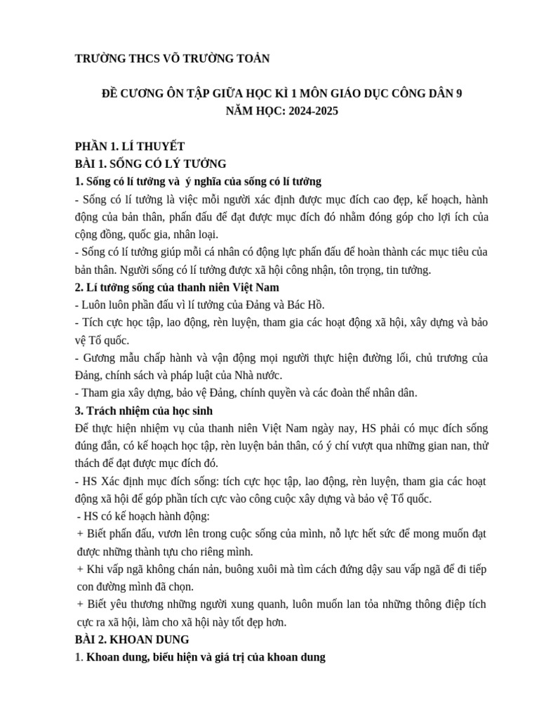 GDCD 9-DE CUONG ON TAP GK1 NH 24-25 | PDF