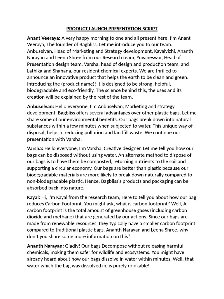 Product Launch Presentation Script-1 | PDF | Biodegradation | Materials