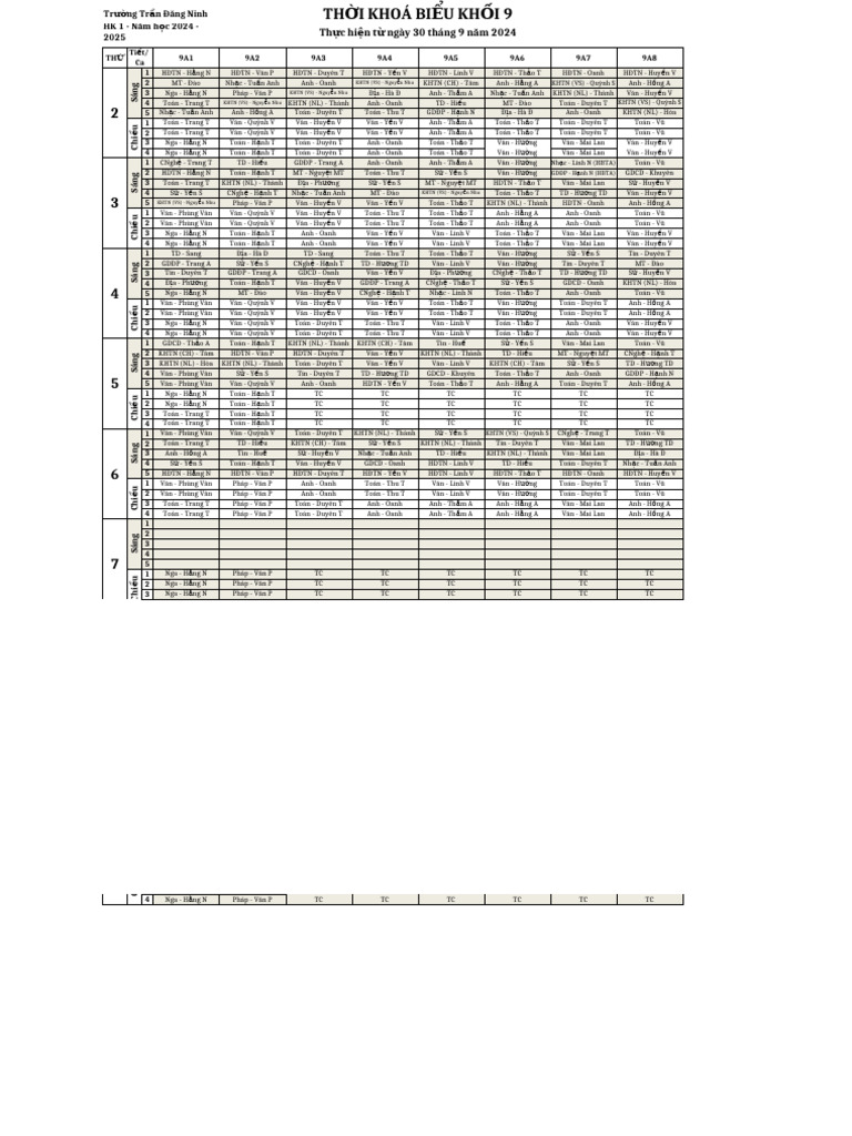 TKB K9 Tuần 5 (Từ 30-9-2024) | PDF