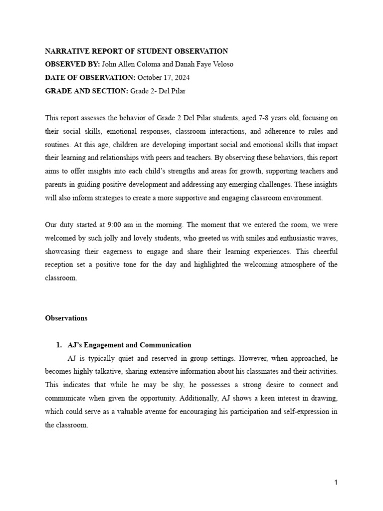 NARRATIVE REPORT OF STUDENT OBSERVATION | PDF | Communication ...