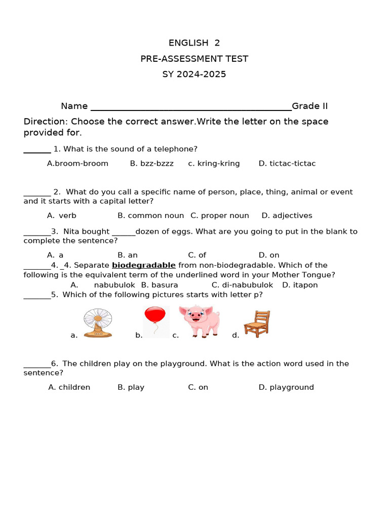 Pre Assessment Test English2 | PDF | Linguistic Morphology | Linguistics