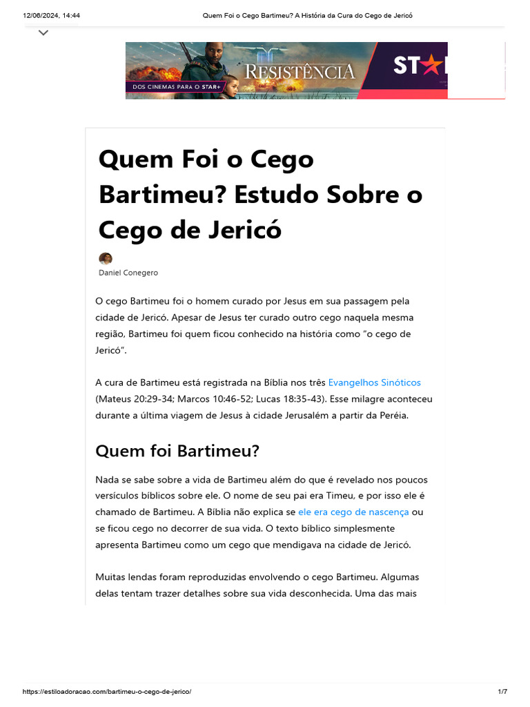 A Cura do Cego Bartimeu em Jericó | PDF | Jesus | Deficiência visual