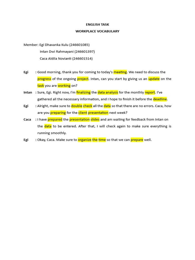 English Task Workplace Vocabulary | PDF