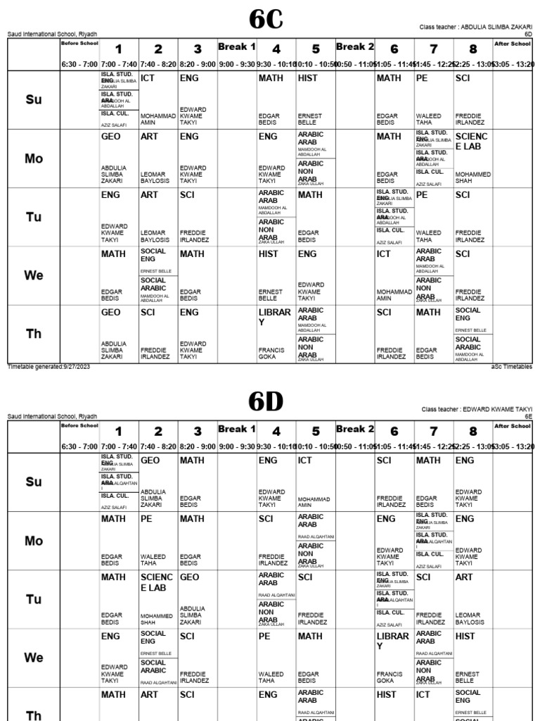 Grade 6-12 Boys Section 2023-2024_Sem 1_Class Timetable | PDF
