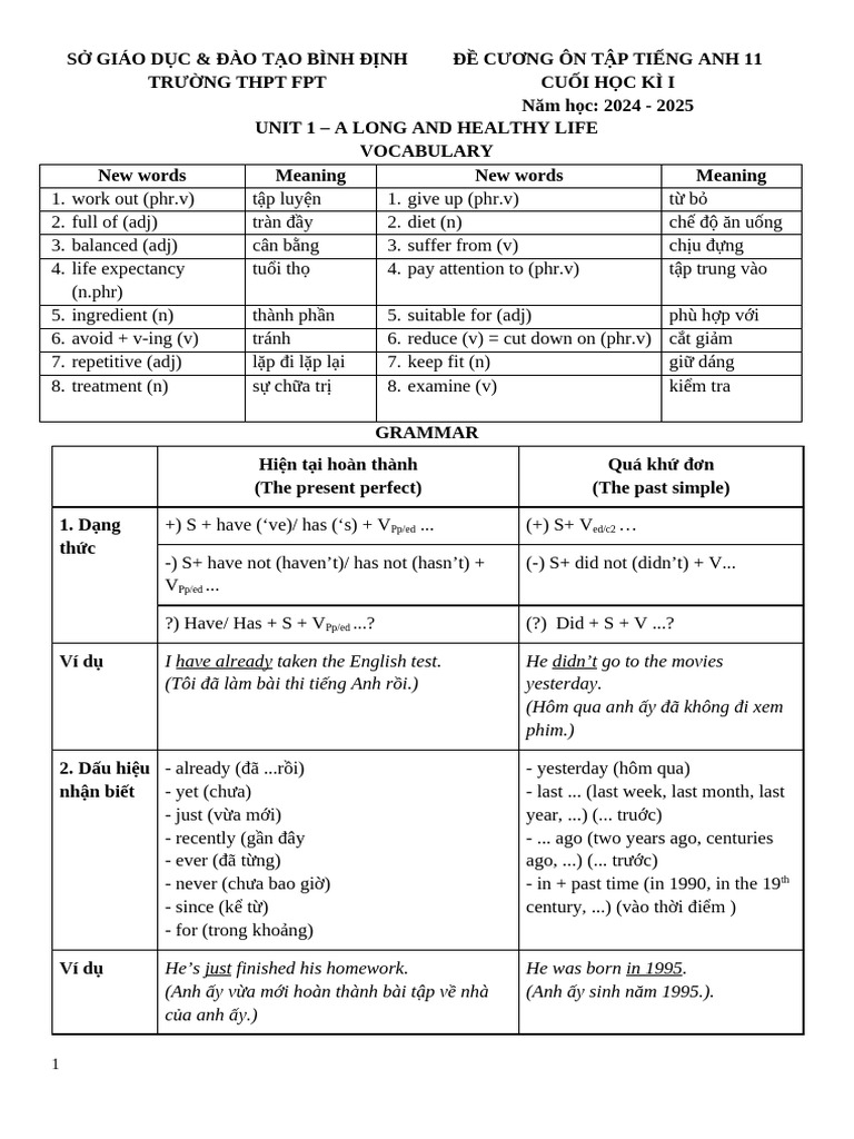 Đề cương CK1 11 TIẾNG ANH (24-25) | PDF
