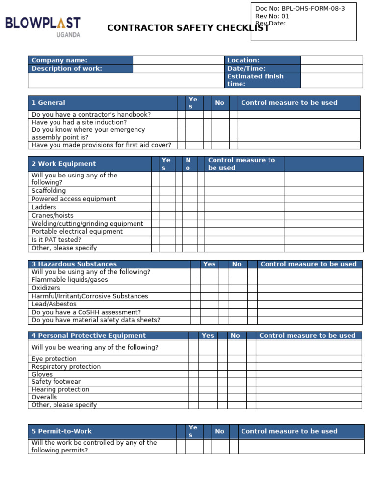 BPL OHS FORM 08 3 Contractor Safety Checklist | PDF | Workplace ...