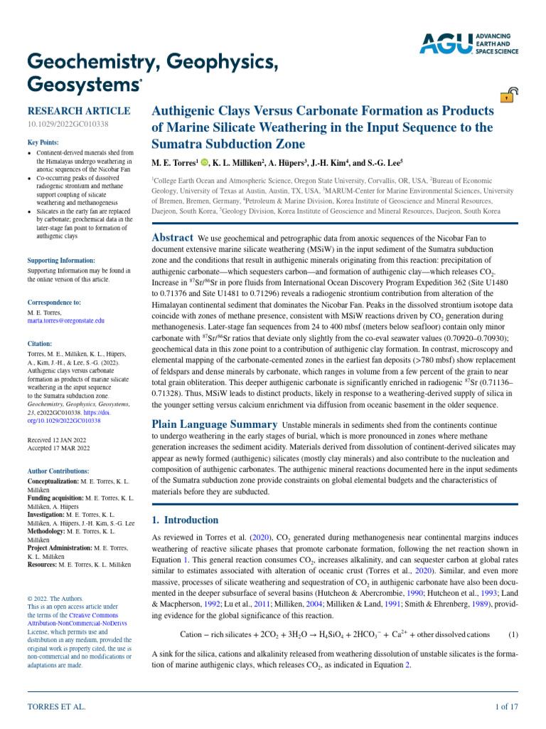 Geochem Geophys Geosyst - 2022 - Torres - Authigenic Clays Versus ...
