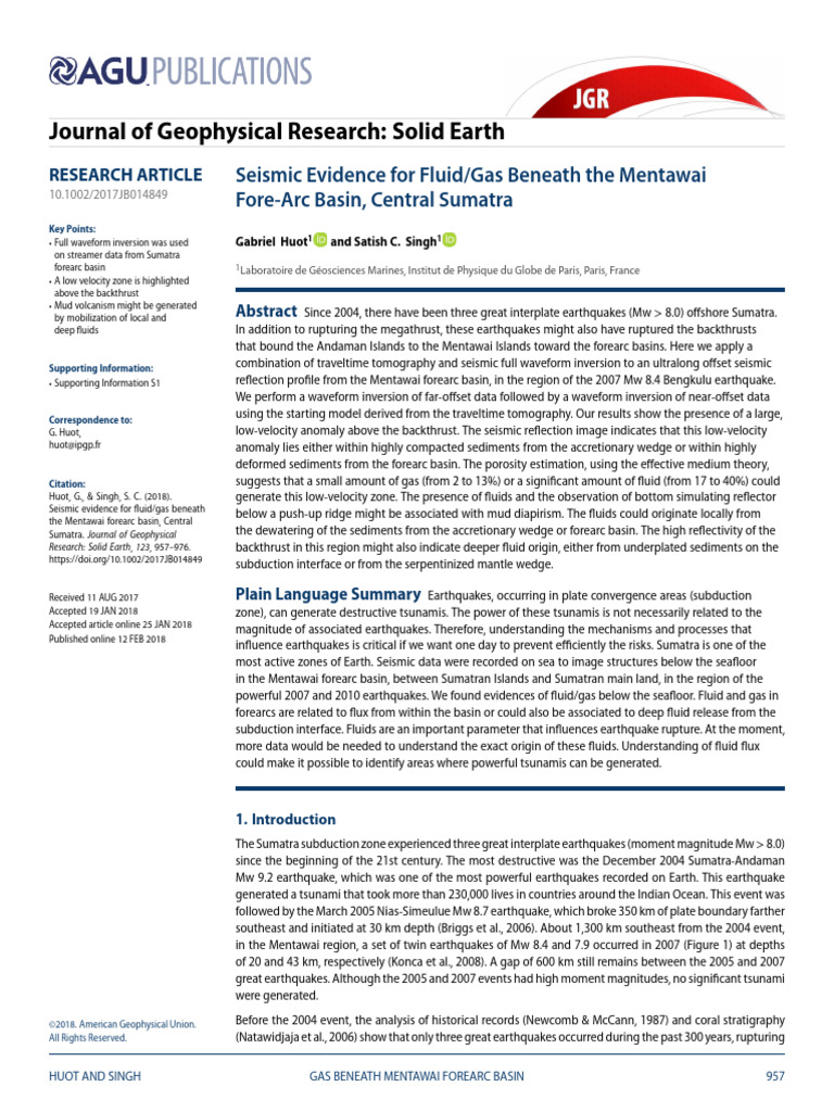 JGR Solid Earth - 2018 - Huot - Seismic Evidence for Fluid Gas Beneath ...