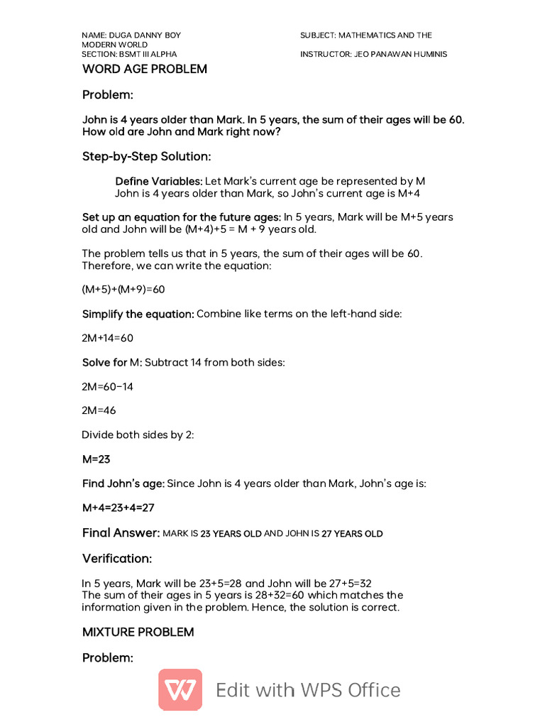 Word Age Problem | PDF | Equations | Proteins