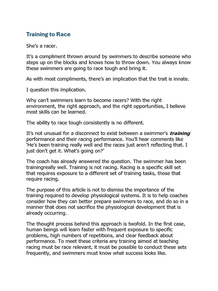 Training to Race | PDF | Swimming (Sport) | Learning