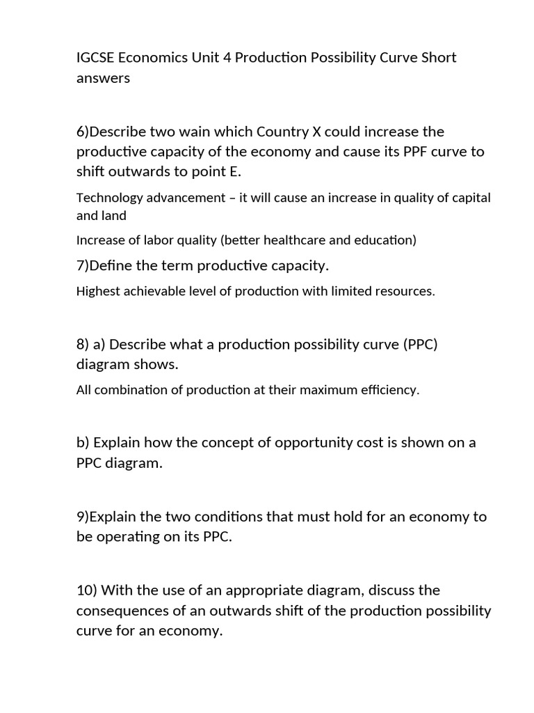 IGCSE Economics Unit 4 Production Possibility Curve Short Answers | PDF