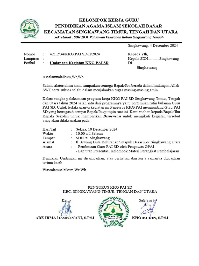 Undangan Rapat KKG PAI SDN 91 Singkawang | PDF