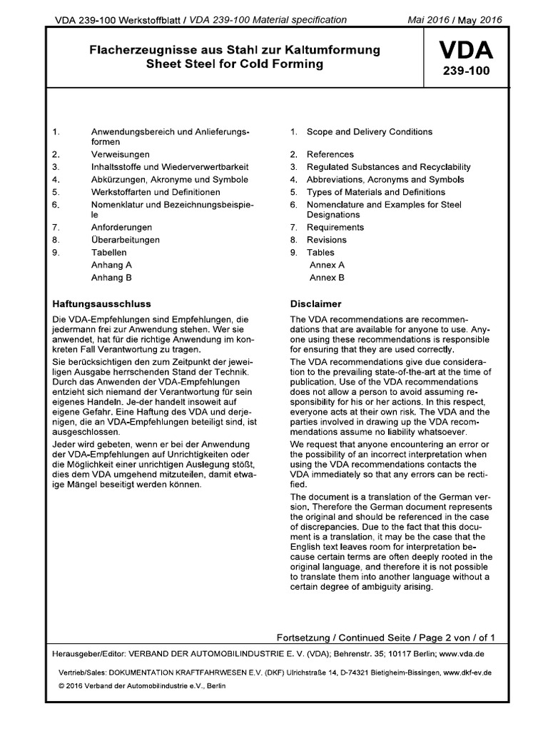 Vda 239-100 - Sheet Steel For Cold Forming - Ed 05.2016 | PDF