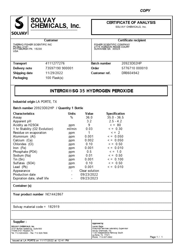 Certificado Solvay | PDF | Chemical Compounds | Chemical Substances