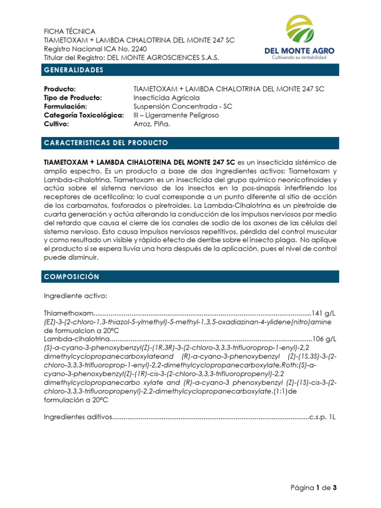 Ficha Tecnica - Tiametoxam Lambda Cihalotrina | PDF | Potencial de ...