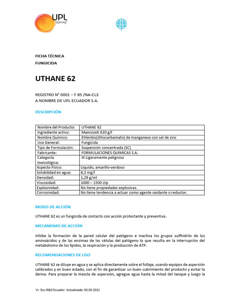 Ficha Técnica UTHANE 62 Fungicida | PDF | Agua