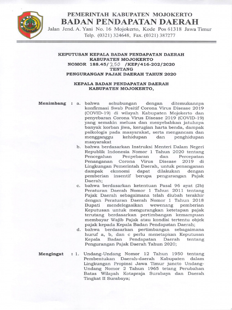 SK Kaban Pengurangan Pajak Daerah Tahun 2020 (April Sd Juni) | PDF