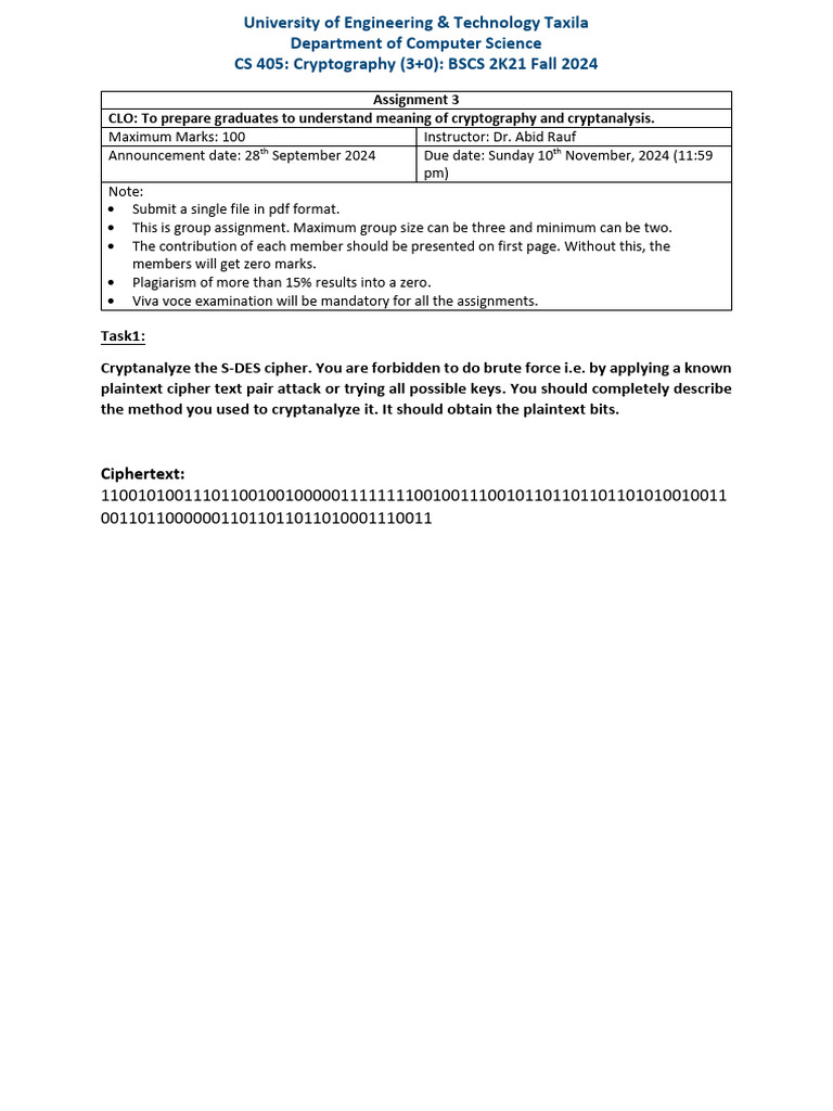 Cryptography Assignment: S-DES Analysis | PDF