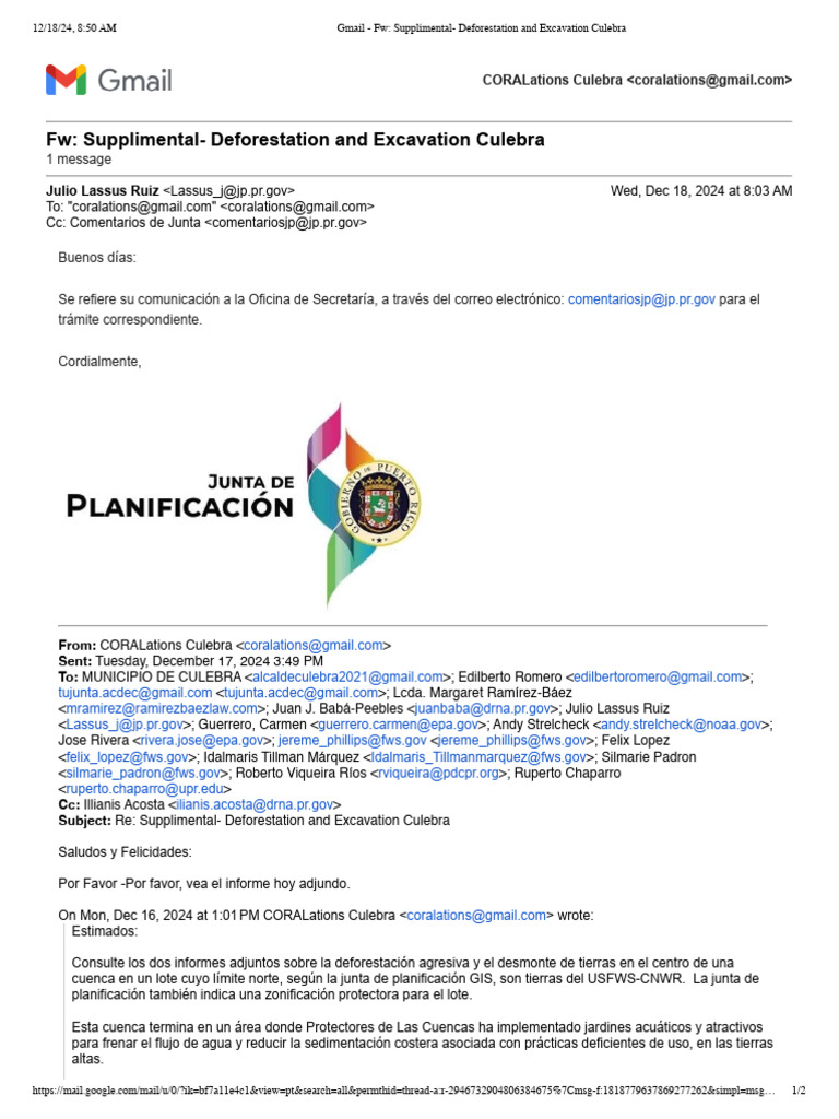 Lassus - San Isidro - Gmail - FW - Supplimental - Deforestation and Excavation Culebra | PDF